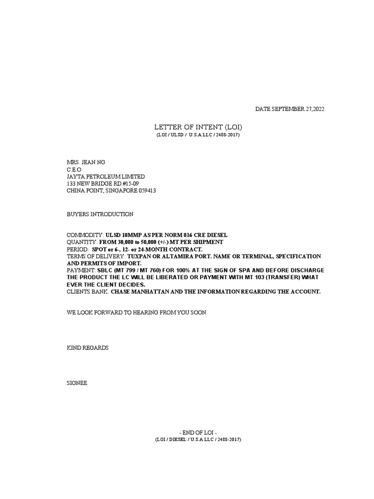 LOI Ejemplo INGLES | PDF