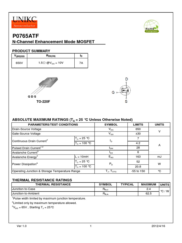 650V, 1.5Ω N-Channel Enhancement Mode MOSFET Datasheet: Key Electrical ...