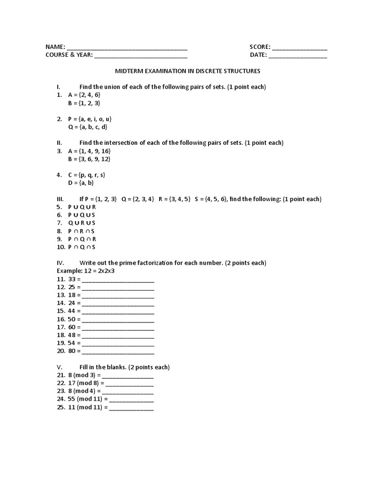 Midterm Examination in Discrete Structures | PDF