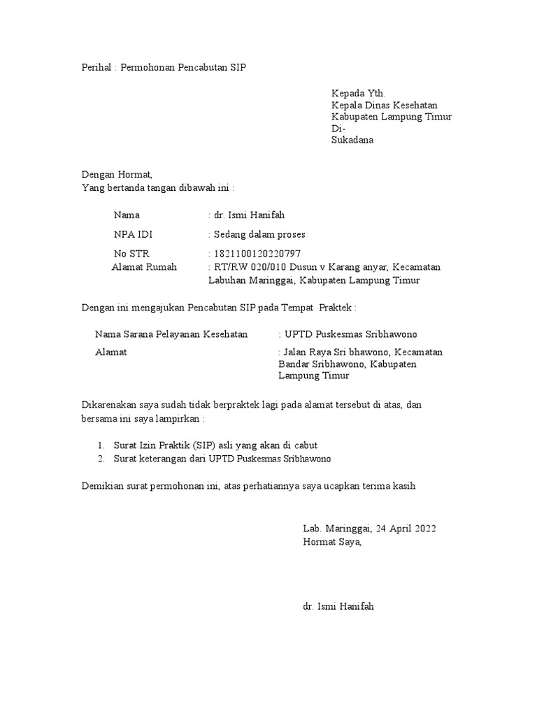 Permohonan Pencabutan SIP | PDF