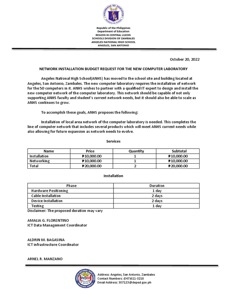 Network & Electric Wiring Installation Budget Request For The New Computer Laboratory | PDF ...