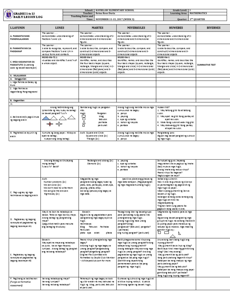 DLL - Mathematics 1 - Q3 - W3 | PDF | Learning