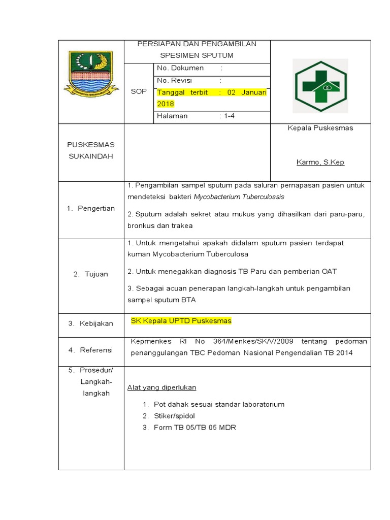 Sop Pengambilan Spesimen Sputum | PDF