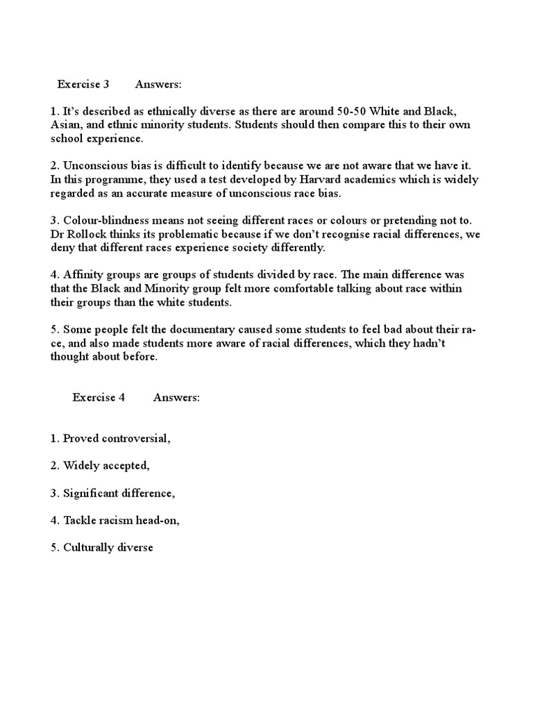Exercise 3 Answers | PDF | Race (Human Categorization) | Thought
