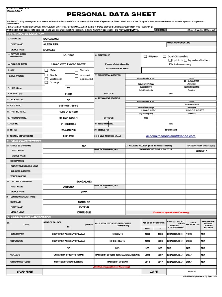 CS Form No. 212 Revised Personal Data Sheet - New | PDF | Justice ...