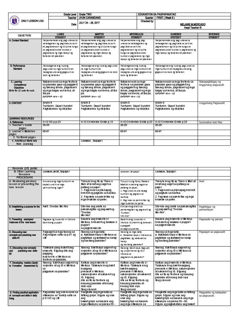 Week 8 DLL Grade 2 With Reflection Quarter 1 | PDF