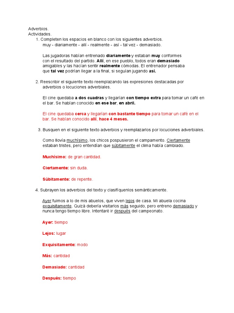 Actividades sobre adverbios para primaria | PDF | Artes del Lenguaje y ...