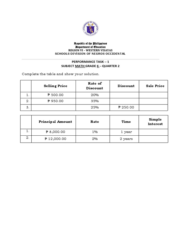 Grade 6 Math Performance Tasks Q2 | PDF | Mathematics