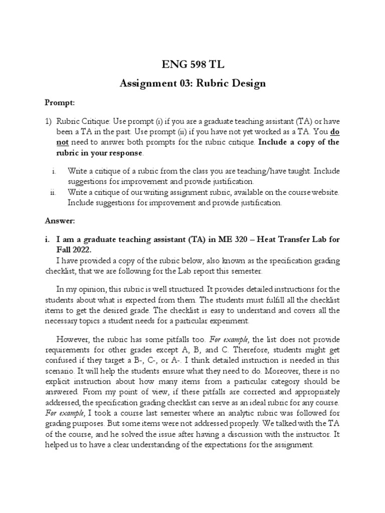 ENG Assignment 03 | PDF | Rubric (Academic) | Experiment