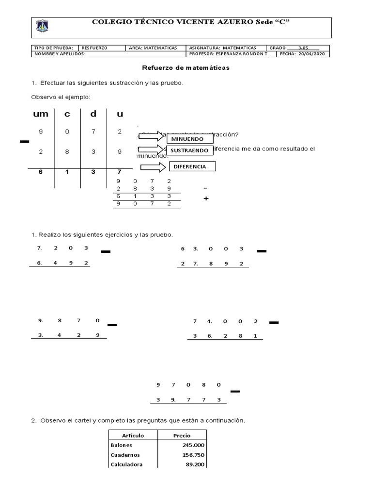 Resfuerzo Matematicas Sustraccion Pdf Sustracción Matemáticas