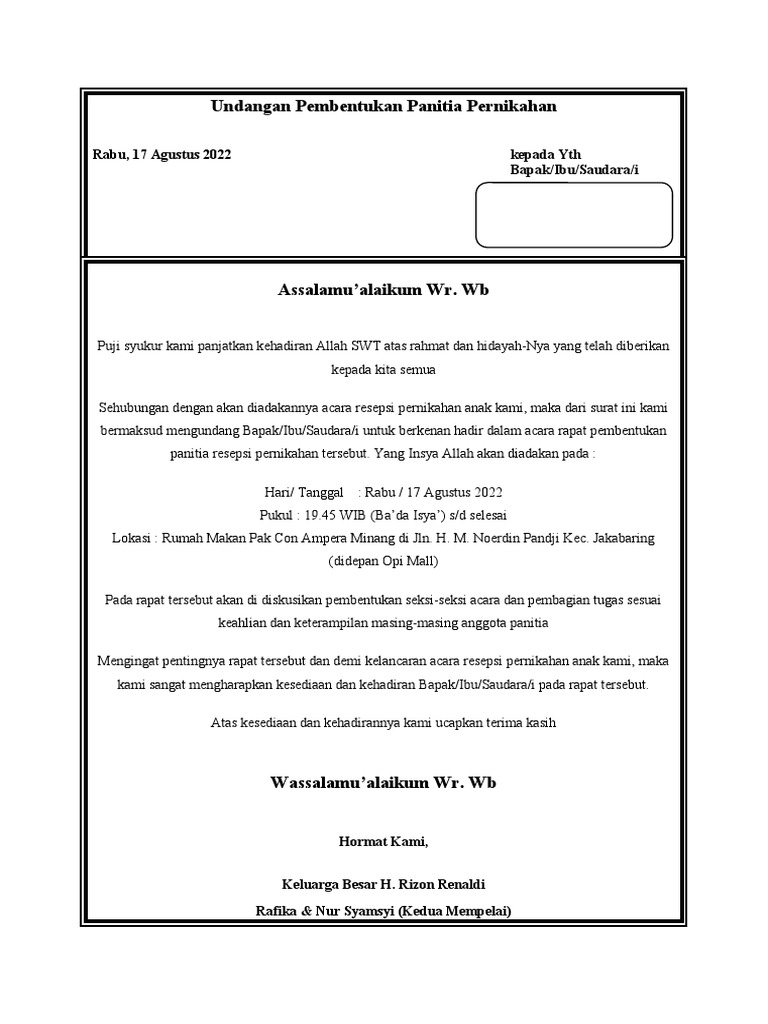 Undangan Pembentukan Panitia Pernikahan | PDF
