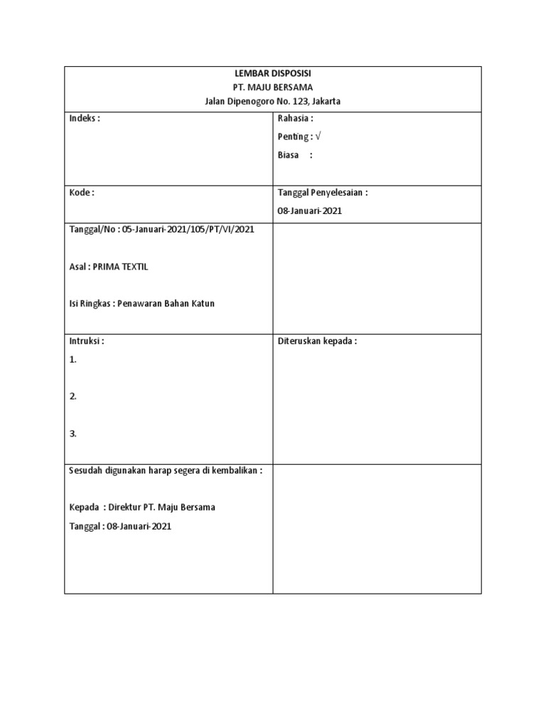Contoh Lembar Disposisi Perusahaan | PDF