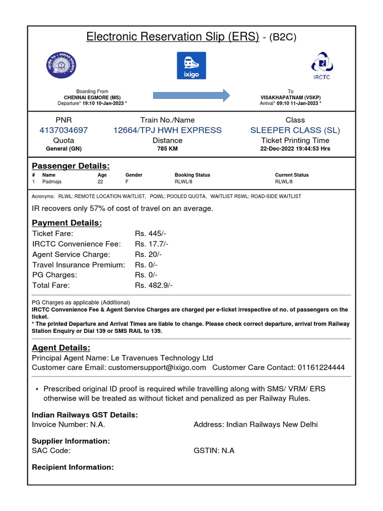 Electronic Reservation Slip for Travel from Chennai to Visakhapatnam by ...