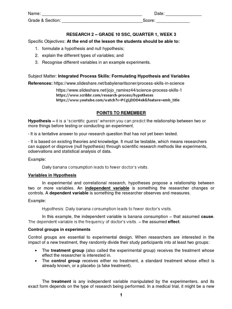 Week 3 Formulating Hypothesis and Variables | PDF | Hypothesis | Experiment