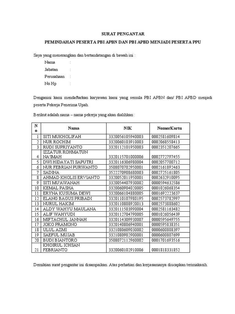 Surat Pengantar Pbi Ke Ppu Badan Usaha | PDF
