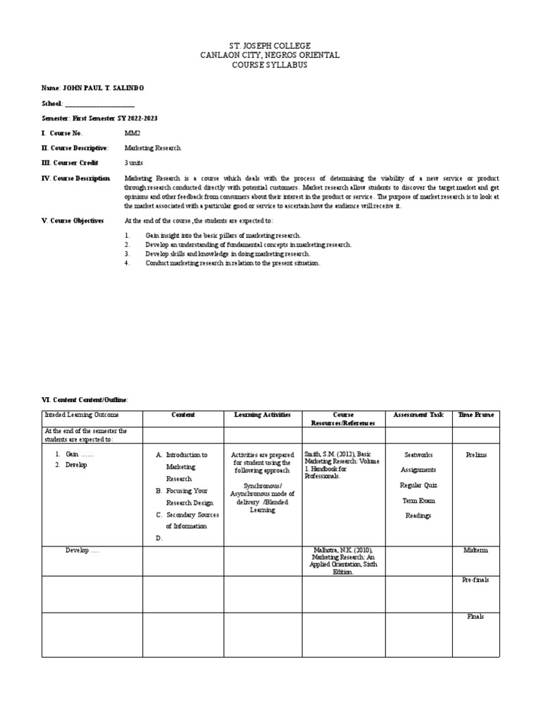 Course Syllabus Template | PDF | Marketing | Marketing Research