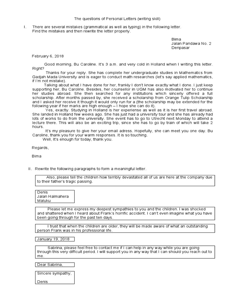 Assignment of Personal Letters, Writing XI | PDF