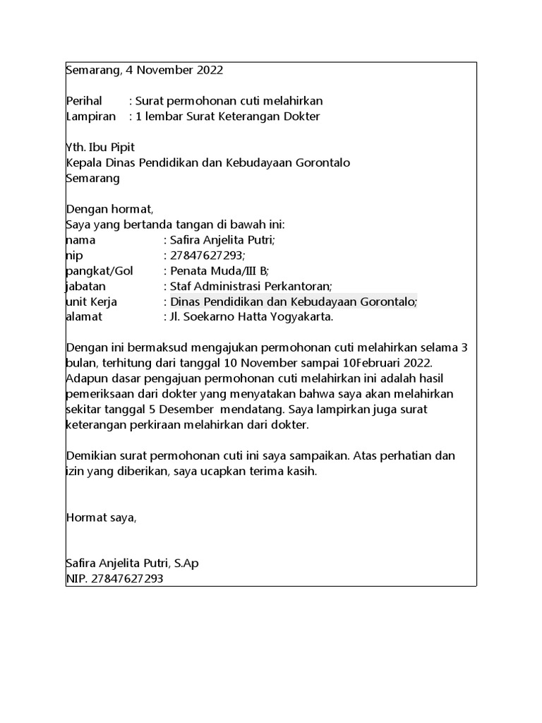 Surat Cuti Melahirkan | PDF