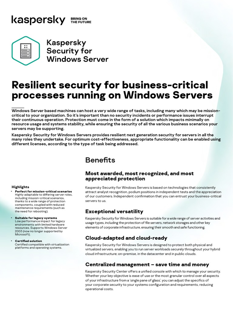 Kaspersky Security For Windows Server Datasheet | PDF | Microsoft ...
