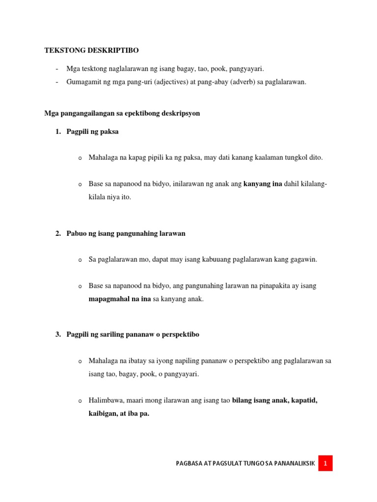 Tekstong Deskriptibo | PDF