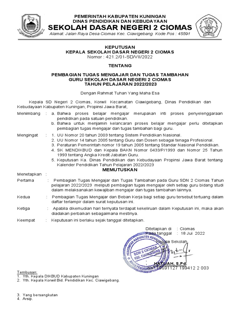 SK Pembagian Tugas 2022 | PDF