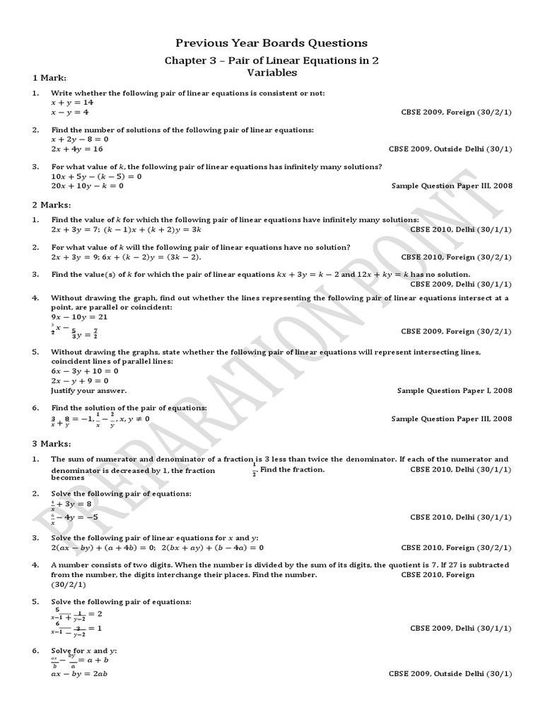 Pair of LE in 2 Variables Prev Year Ques | Download Free PDF | System ...