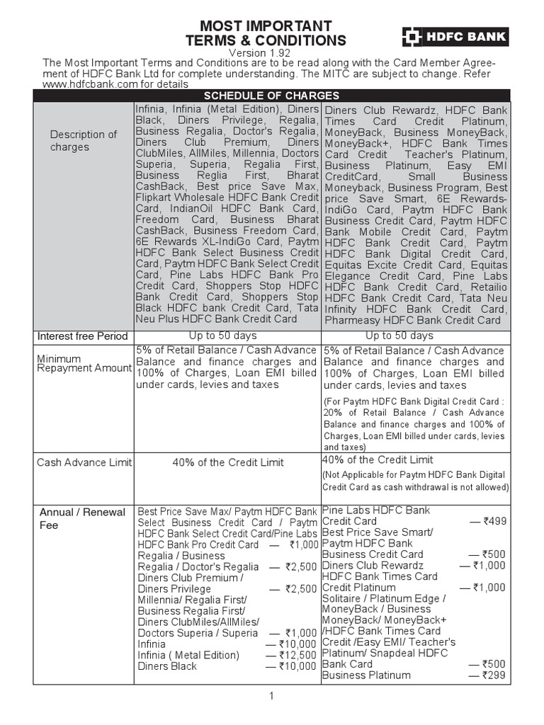 MITC 1.64.pdf - HDFC Times Credit Card | PDF | Credit Card | Payments