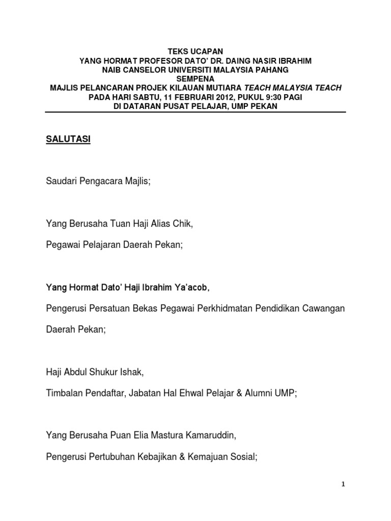 Majlis Pelancaran Projek Kilauan Mutiara Teach Malaysia Teach | PDF