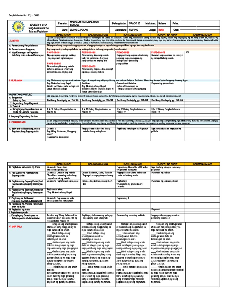 DLL FILIPINO 10-Aralin 2.3 | PDF
