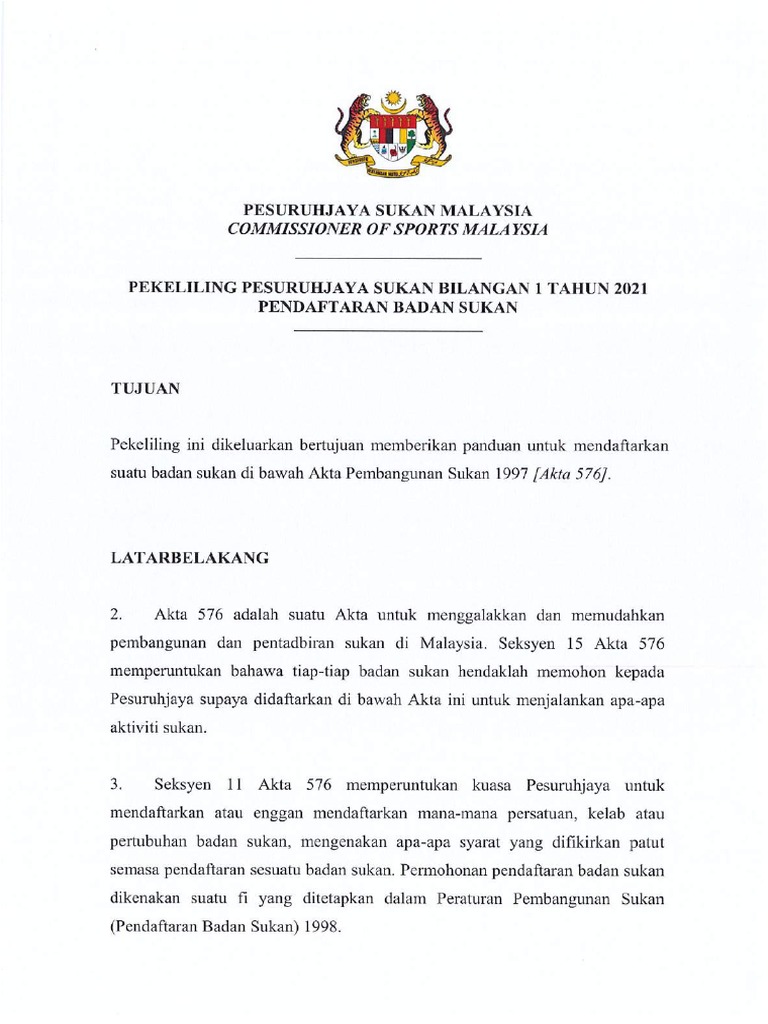 Surat Pekeliling Pesuruhjaya Sukan Bil 1 Tahun 2021-PPS | PDF