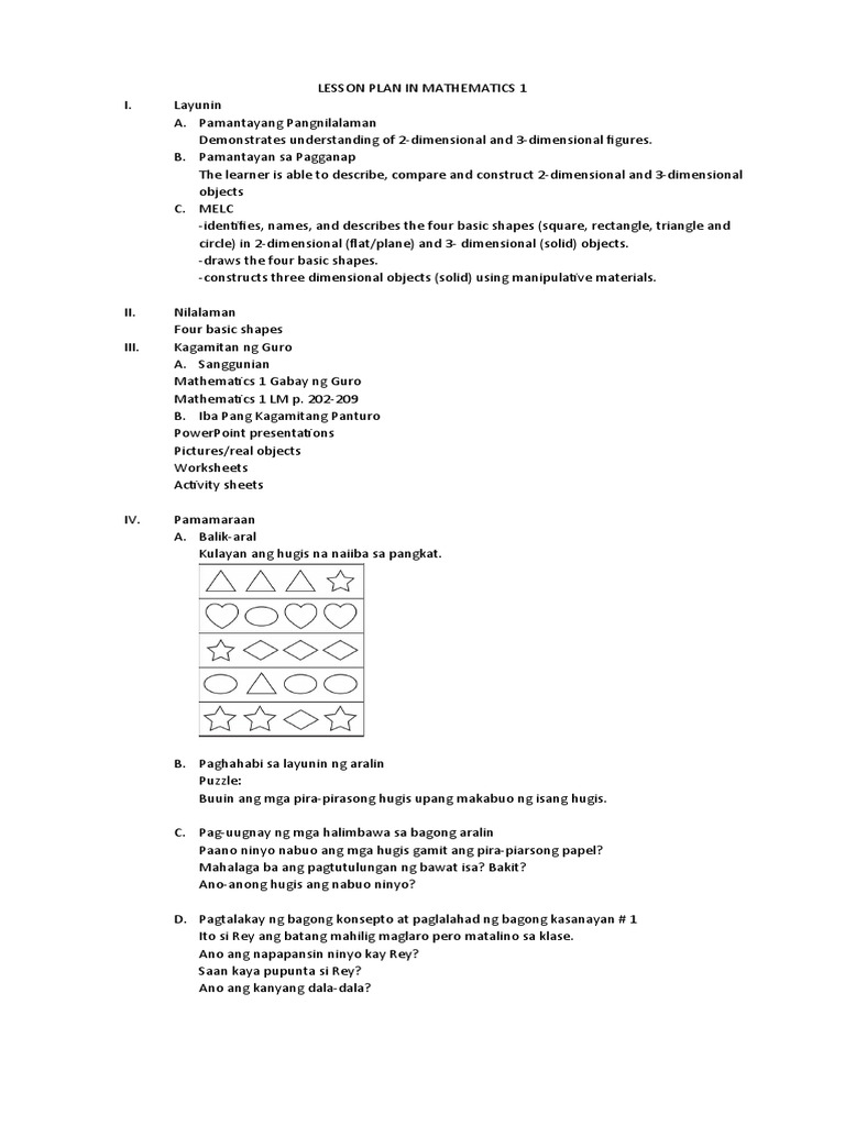 Cot Lesson Plan in Mathematics 1 - Q3 - Week 6 - Four Basic Shapes | PDF