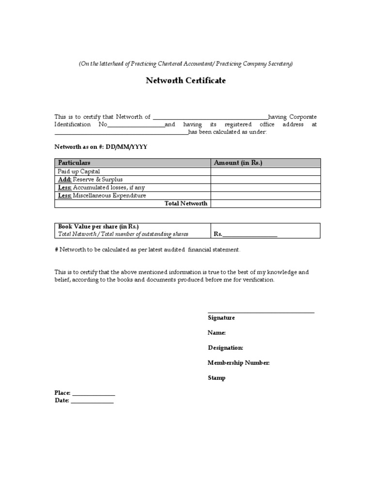 Networth Certificate Format | PDF