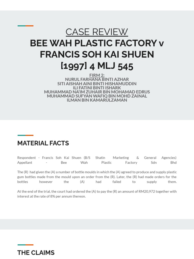 CASE REVIEW BEE WAH PLASTIC FACTORY V FRANCIS SOH KAI SHUEN (1997 ...