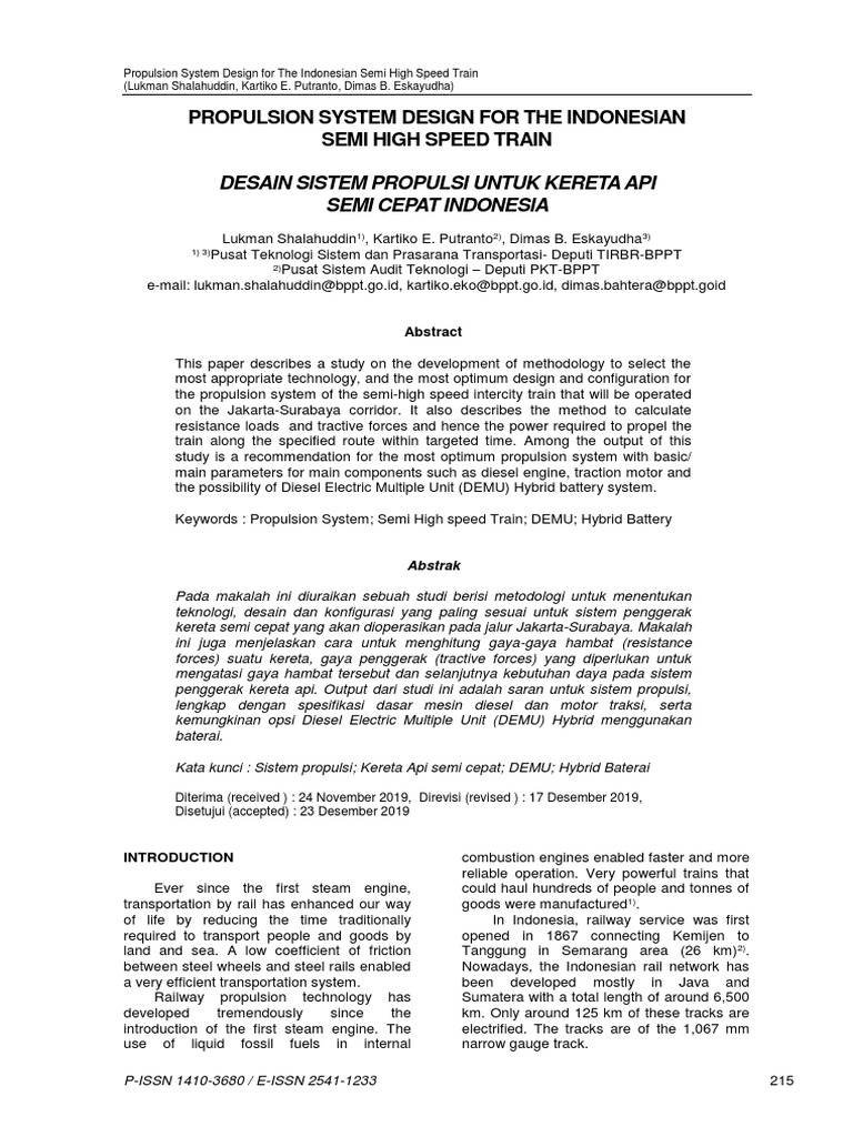 Propulsion System Design For The Indonesian | PDF | Rail Transport | Train