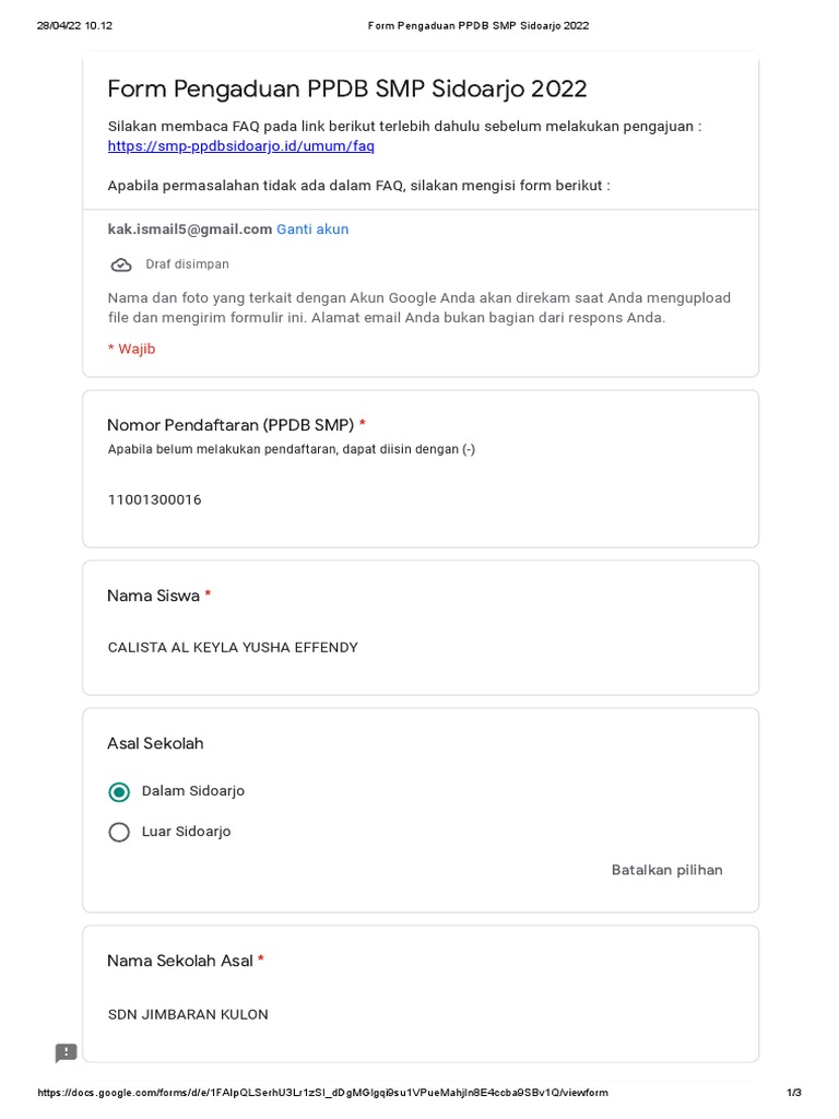 Form Pengaduan PPDB SMP Sidoarjo 2022 | PDF