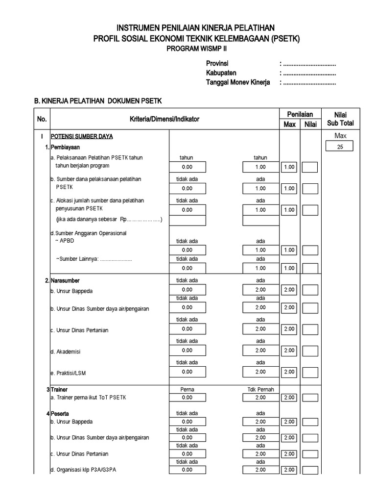 L-15. Instrumen Kinerja Pelatihan PSETK DI Sidikkil Dan Sorkam Kiri | PDF