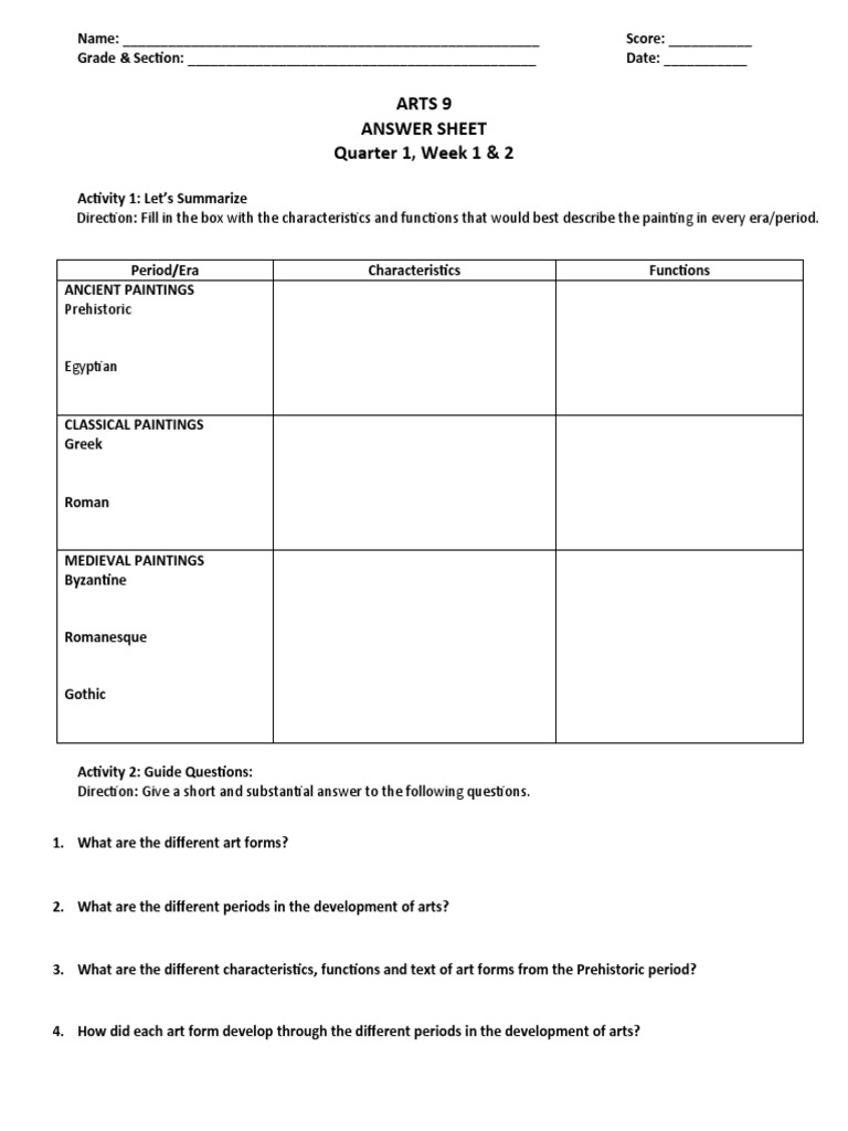 Arts Quarter 1 Answer Sheet: Documenting Progress in Art History ...