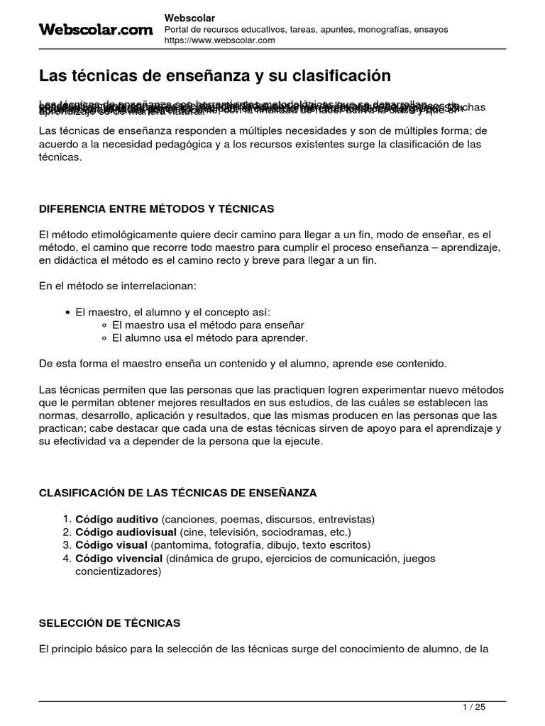 Las Tecnicas De Ensenanza Y Su Clasificacion Pdf Seminario Método