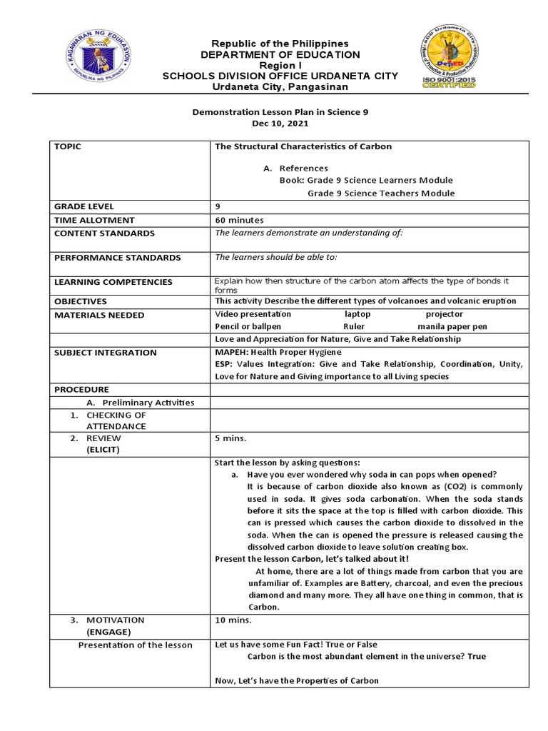 Science 9 Q2 Carbon Lesson Plan | PDF | Carbon | Atoms
