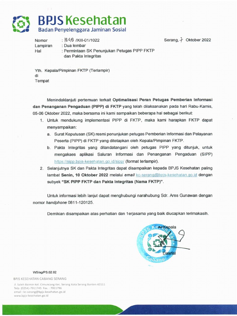 Surat Permintaan SK PIPP FKTP Dan Pakta Integritas Okt 2022 | PDF