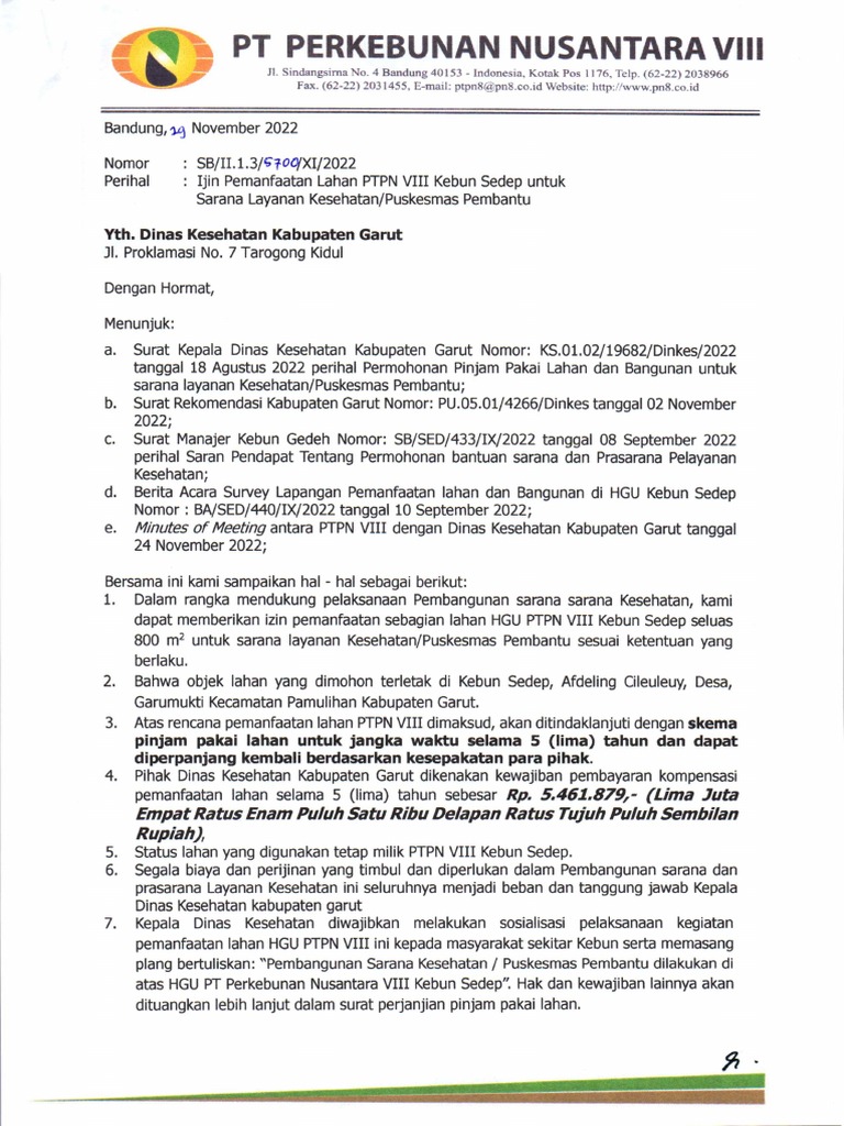 SB 5700 TGL 29 November 2022 Perihal Ijin Pemanfaatan Lahan PTPN Kebun Sedep Untuk Saranna ...