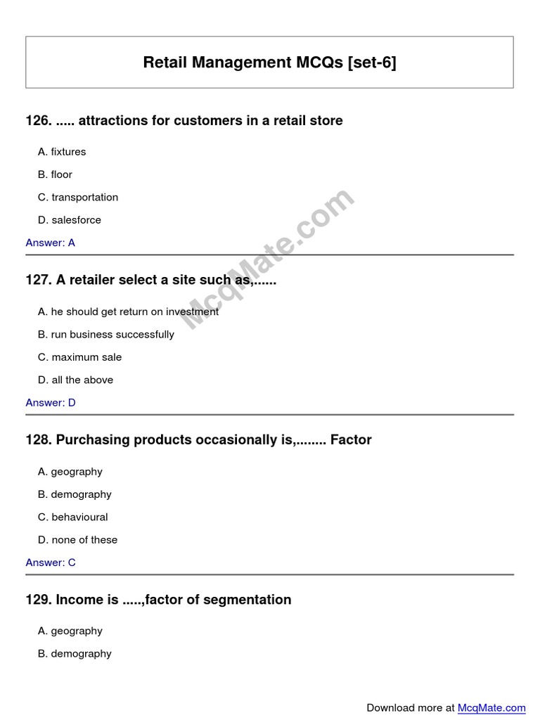 Retail-Management Solved MCQs (Set-6) | PDF | Retail | Mail Order