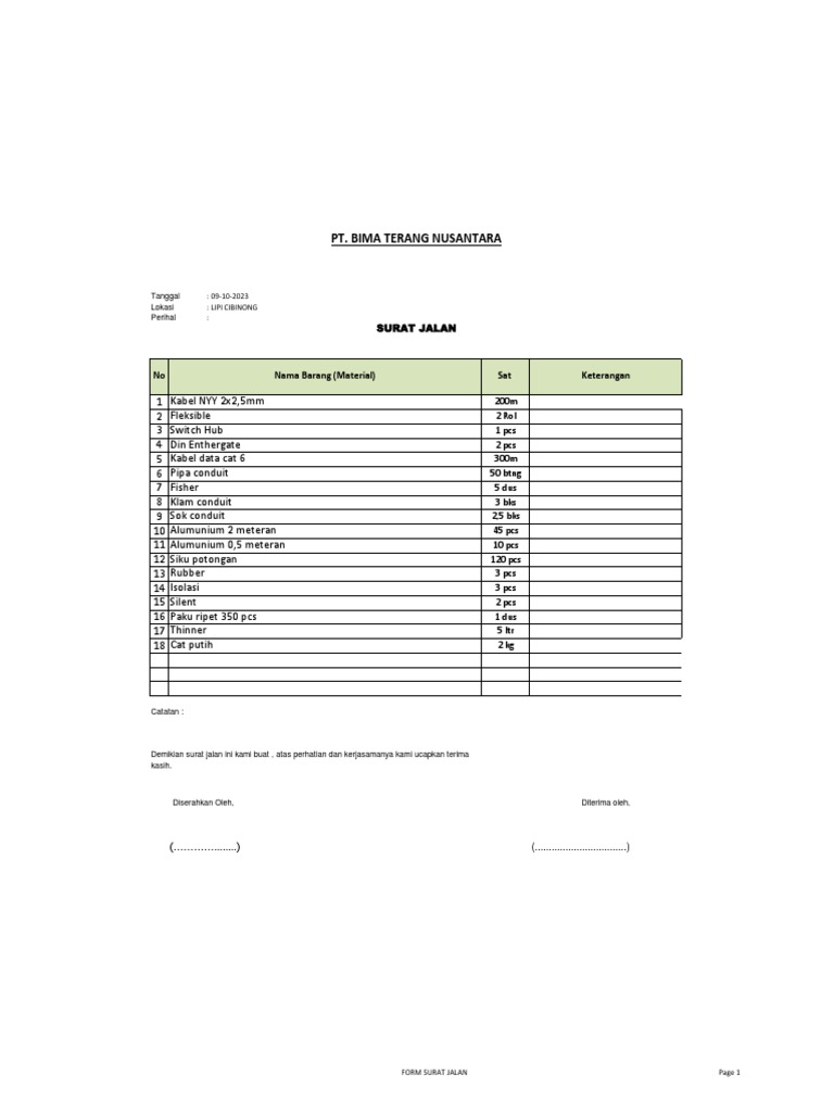 FORM SURAT JALAN Material | PDF