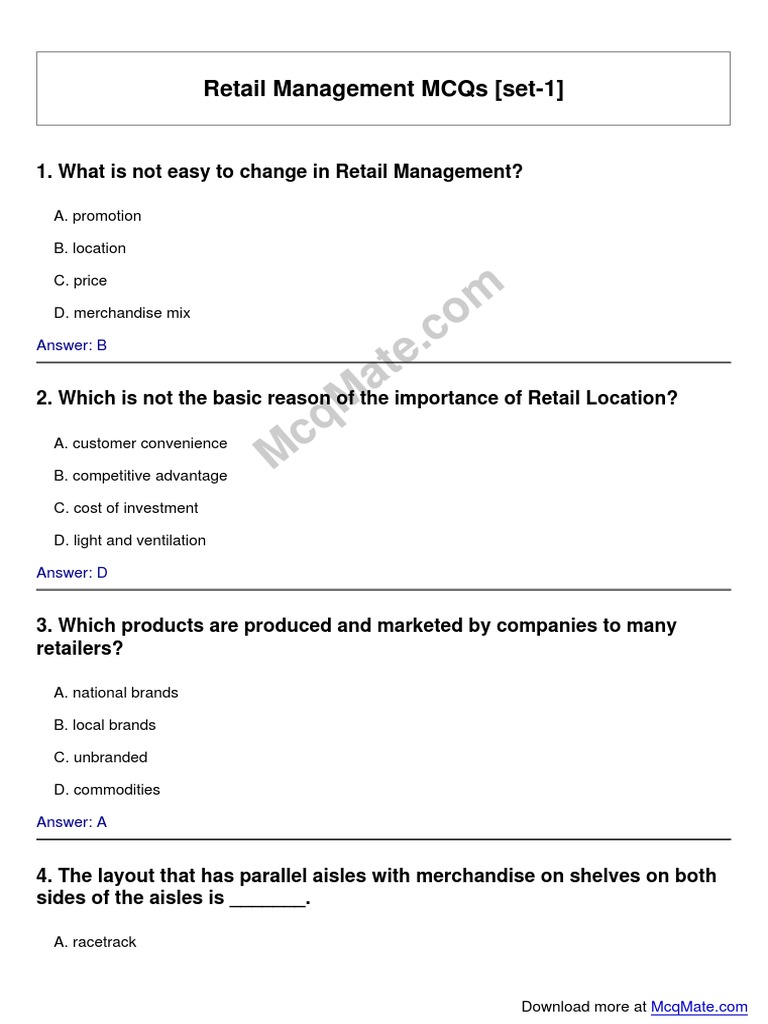 Retail Management MCQs Overview | PDF | Retail | Sales