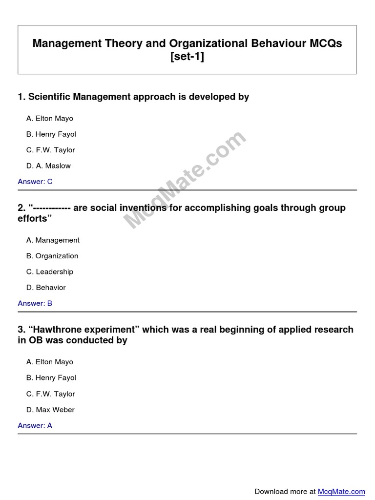 Management-Theory-And-Organizational-Behaviour Solved MCQs (Set-1) | PDF | Organizational ...