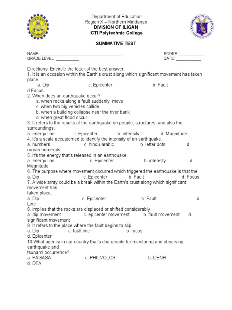 Summative Test - G8 - Science | PDF | Earthquakes | Fault (Geology)