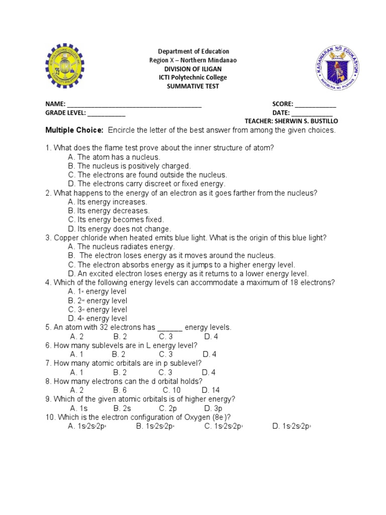 Summative Test - G9 - Science | PDF | Energy Level | Atomic Orbital