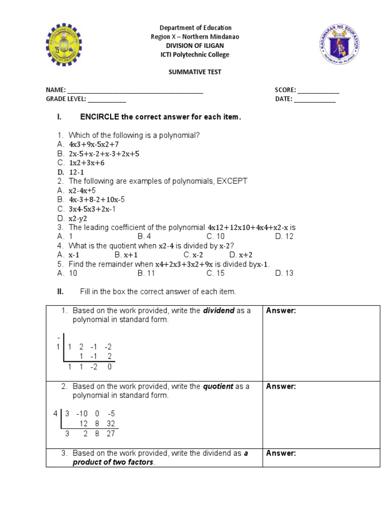 Summative Test-G10 Math | PDF