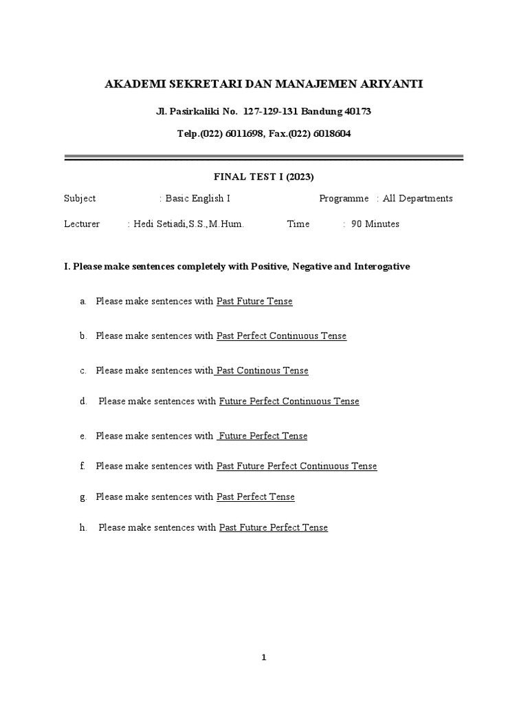 Basic English I Final Test 2023 | PDF