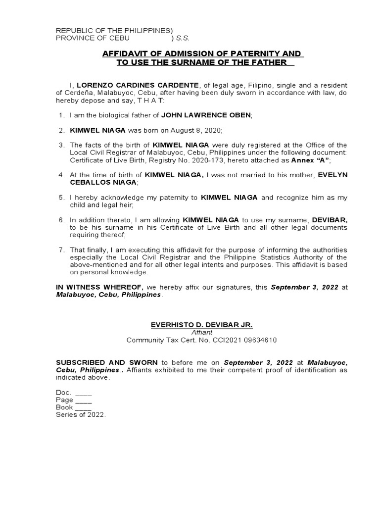 Affidavit Admission of Paternity With Use of Surname | PDF
